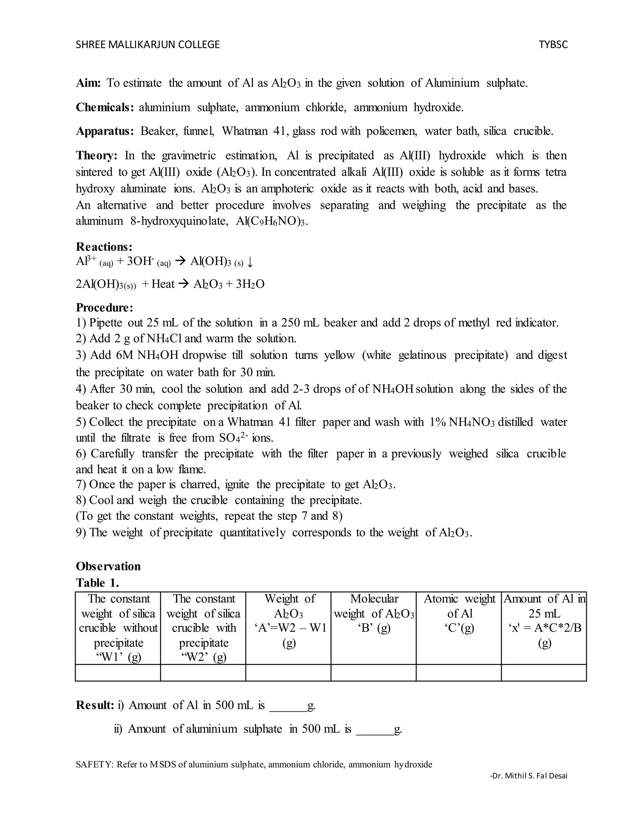To estimate the amount of Al as Al2O3 in the given solution of ...