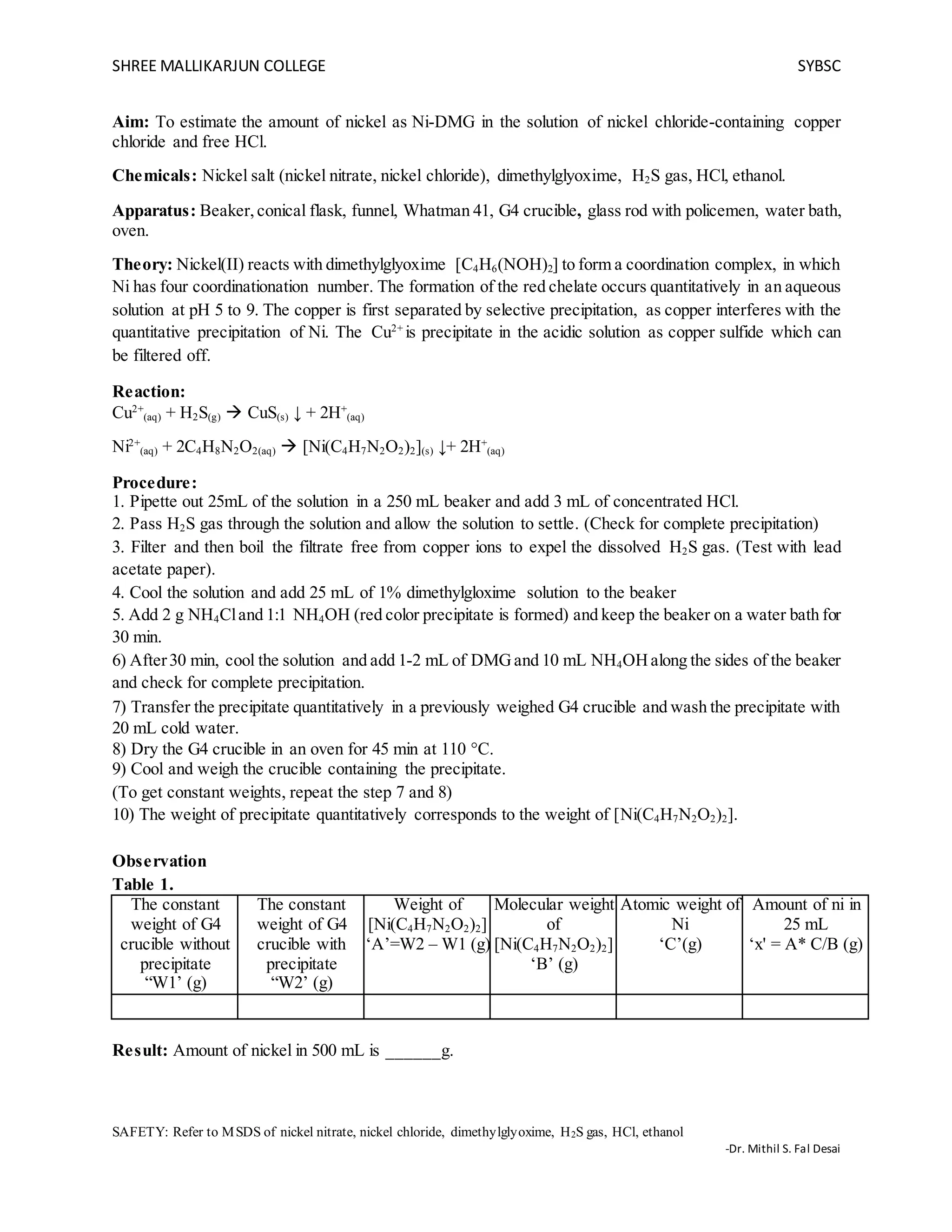 To estimate the amount of nickel as ni dmg in the solution of nickel ...