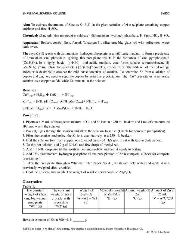 To estimate the amount of zinc as zn2 p2o7 in the given solution of zinc sulphate | DOCX ...
