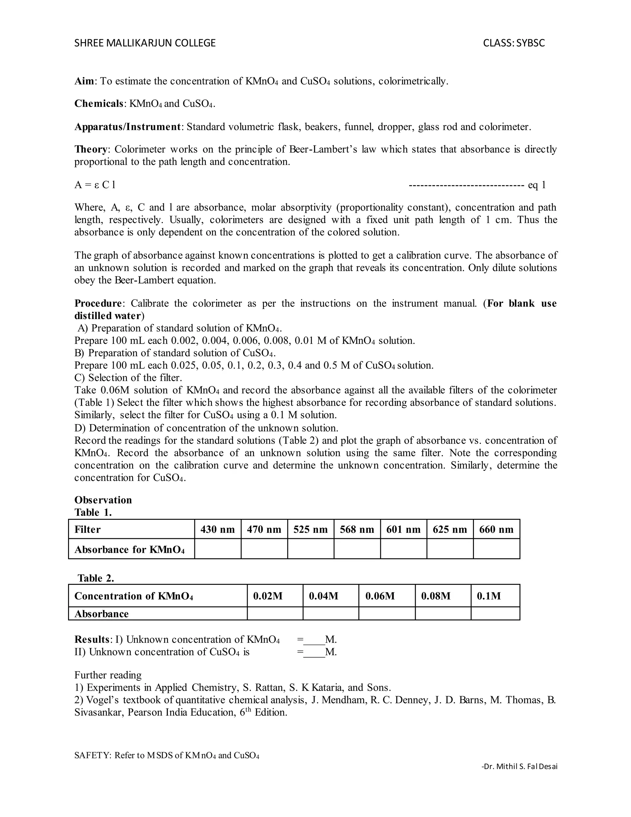 To estimate the concentration of KMnO4 and CuSO4 solutions, colorimetrically | DOCX