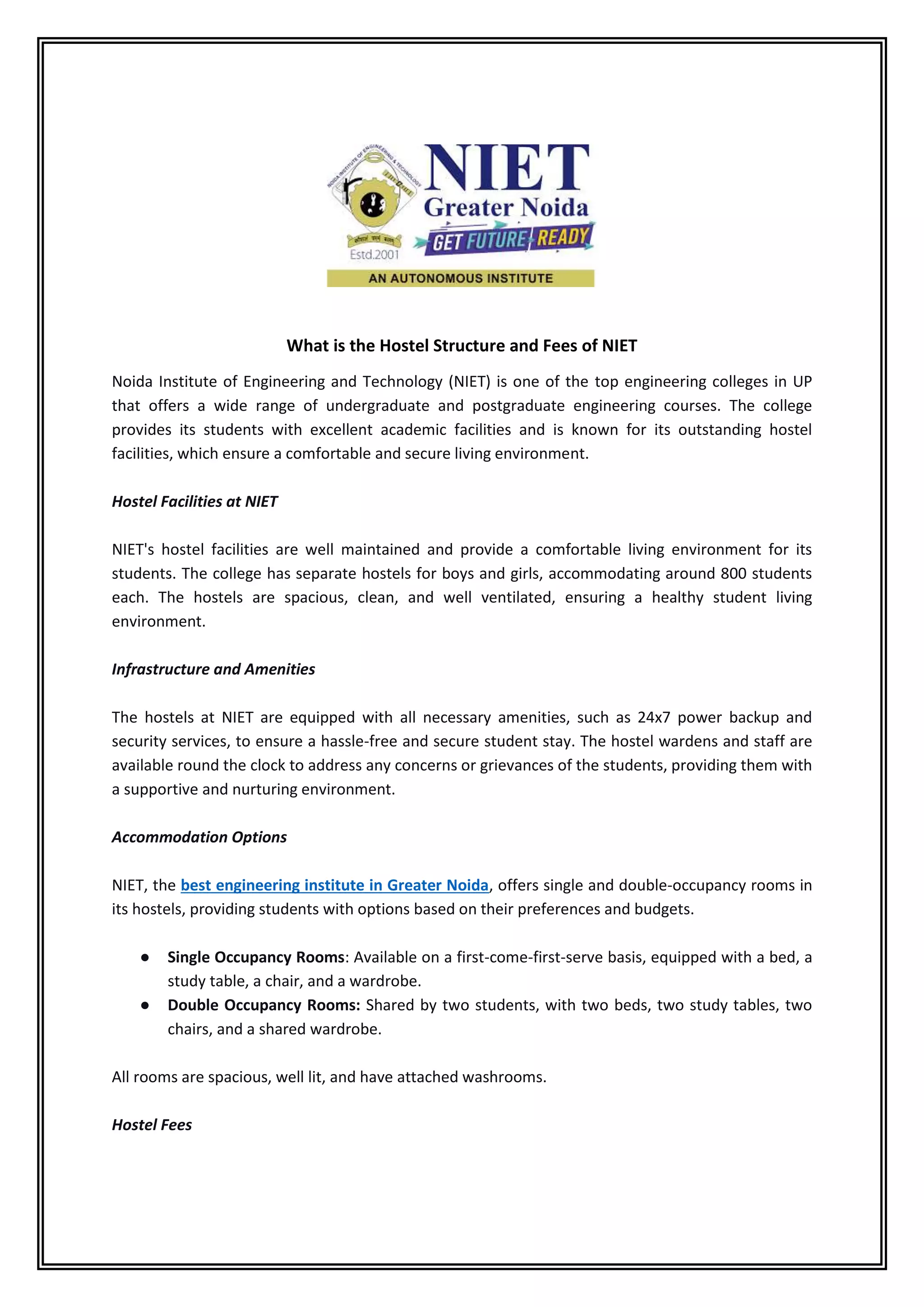 What is the Hostel Structure and Fees of NIET | DOCX