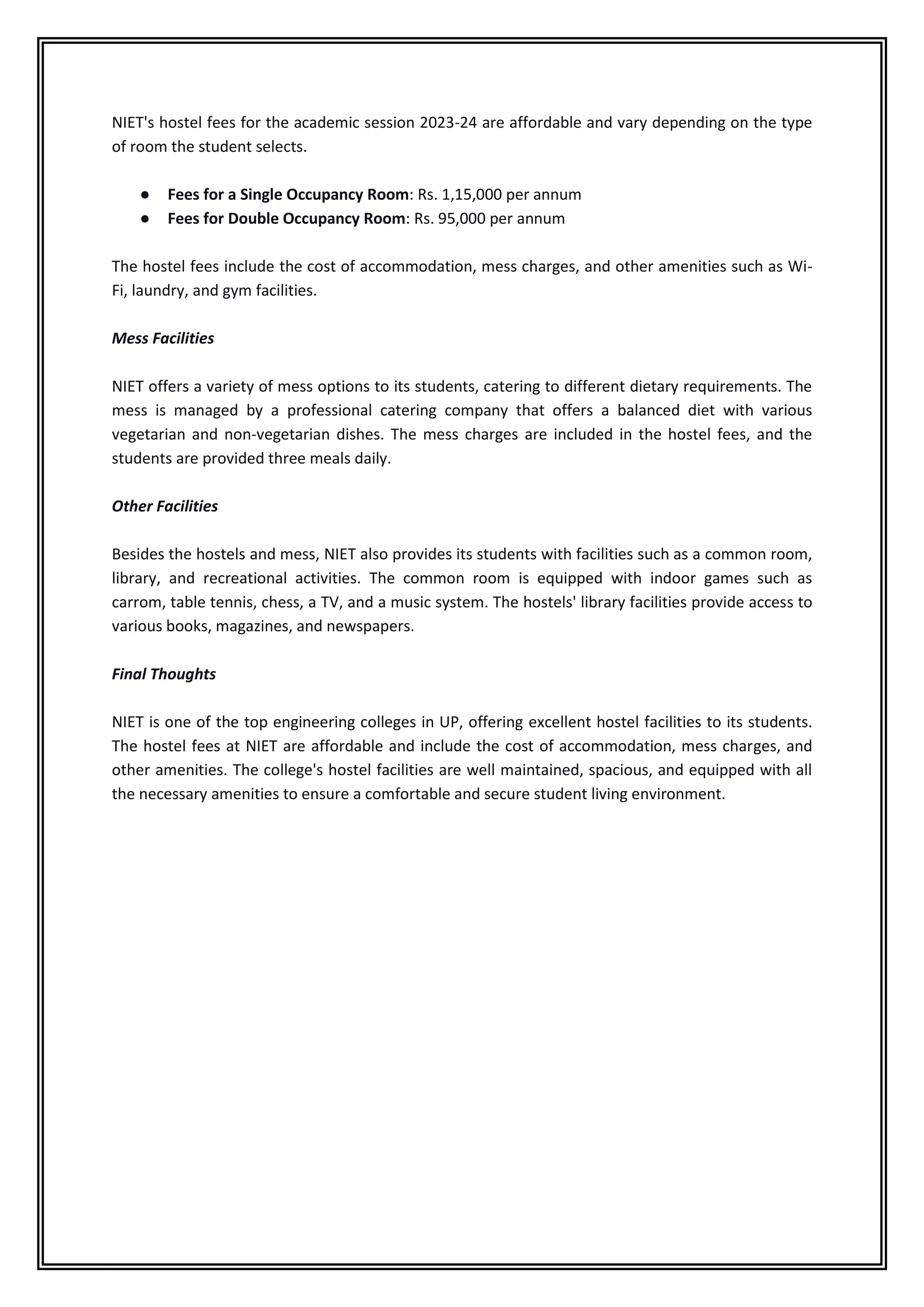 What is the Hostel Structure and Fees of NIET | DOCX