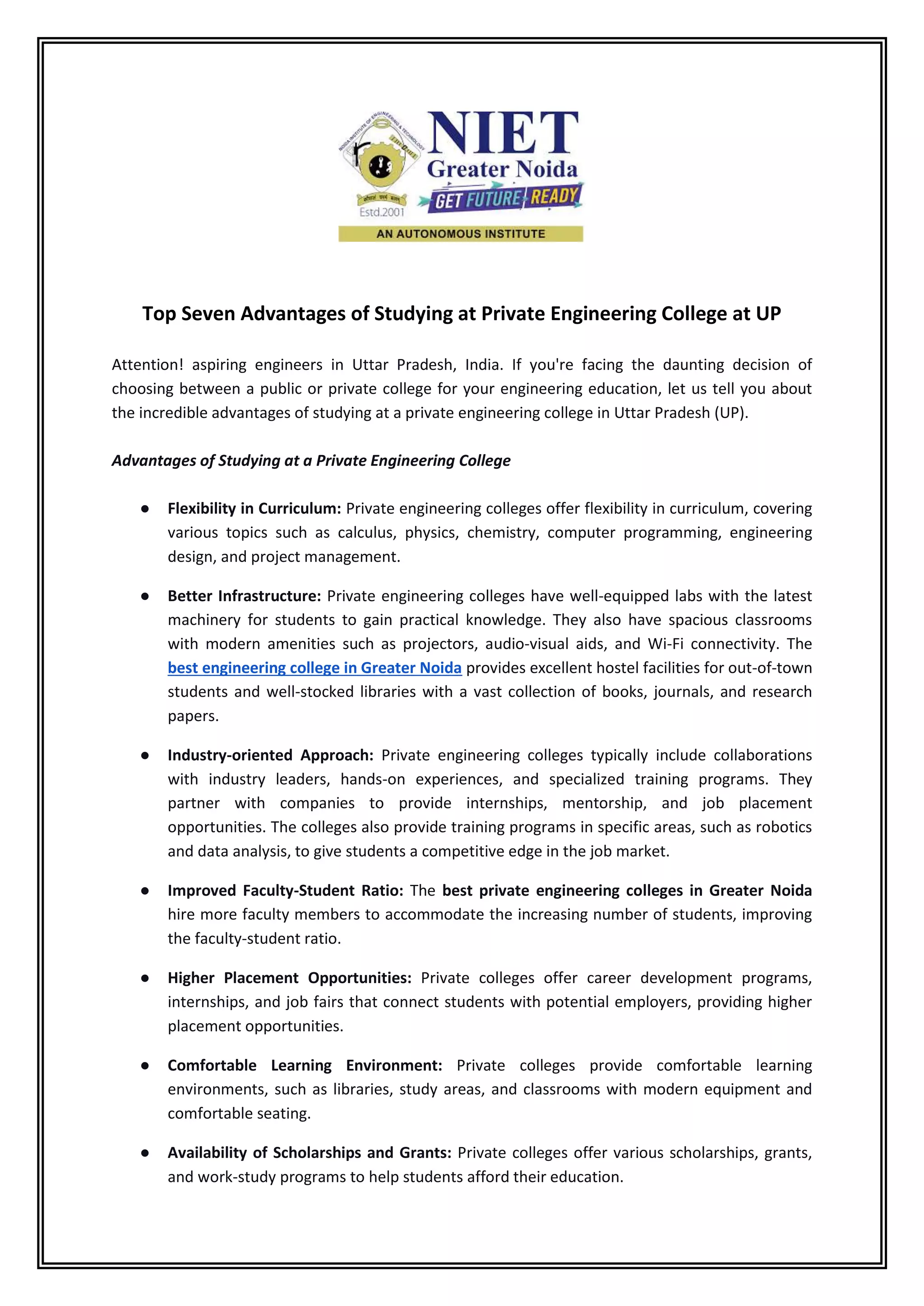 Top Seven Advantages of Studying at Private Engineering College at UP ...