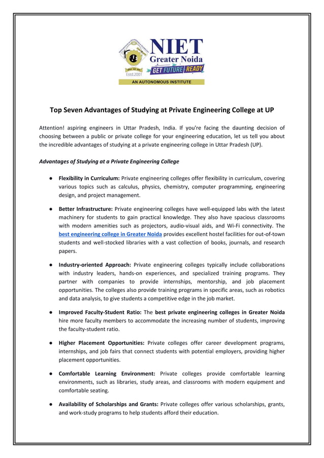 Top Seven Advantages of Studying at Private Engineering College at UP | PDF
