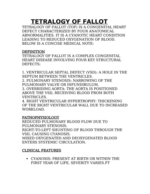 Medical notes on tetralogy of fallot(TOF) | PDF