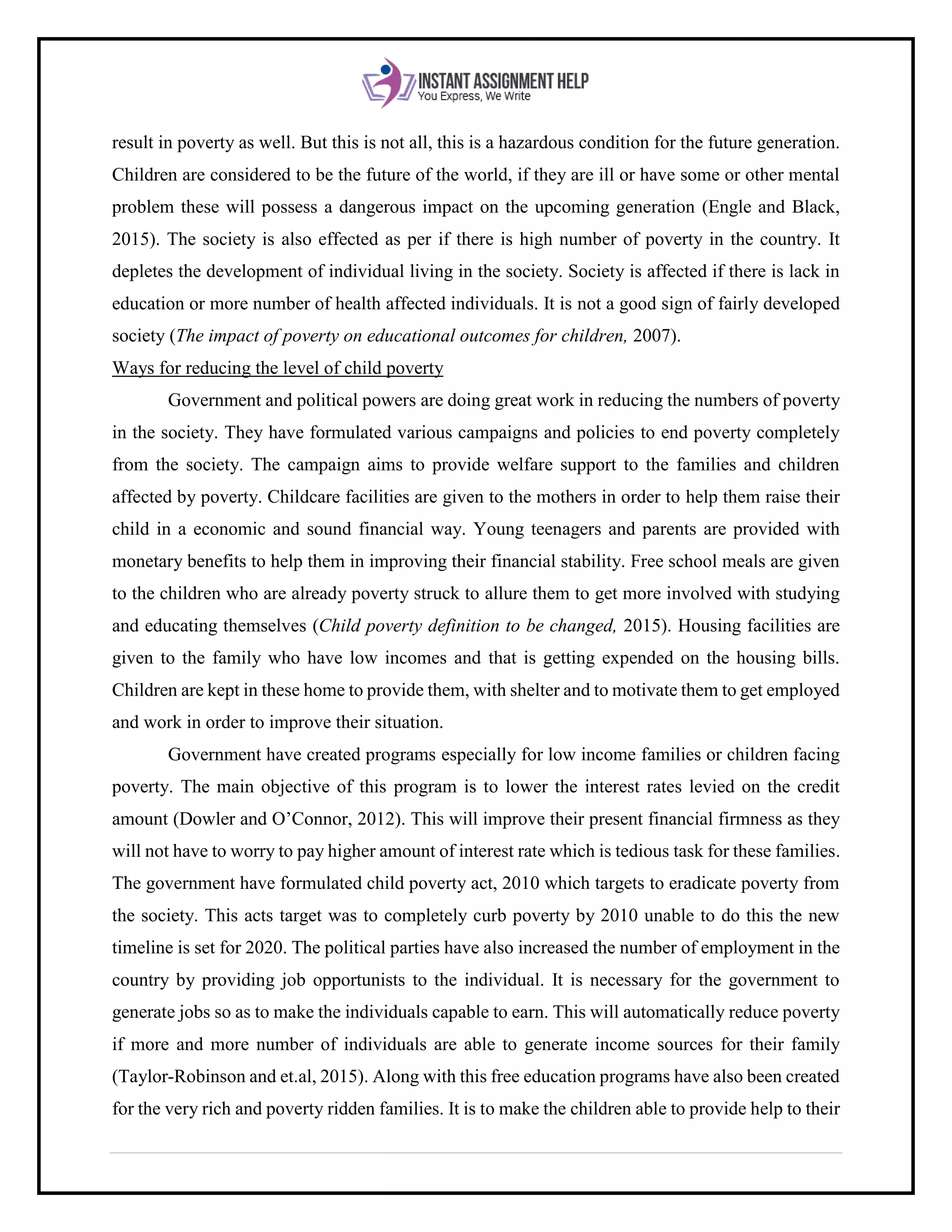 To identify the major causes and impacts of child poverty in united ...