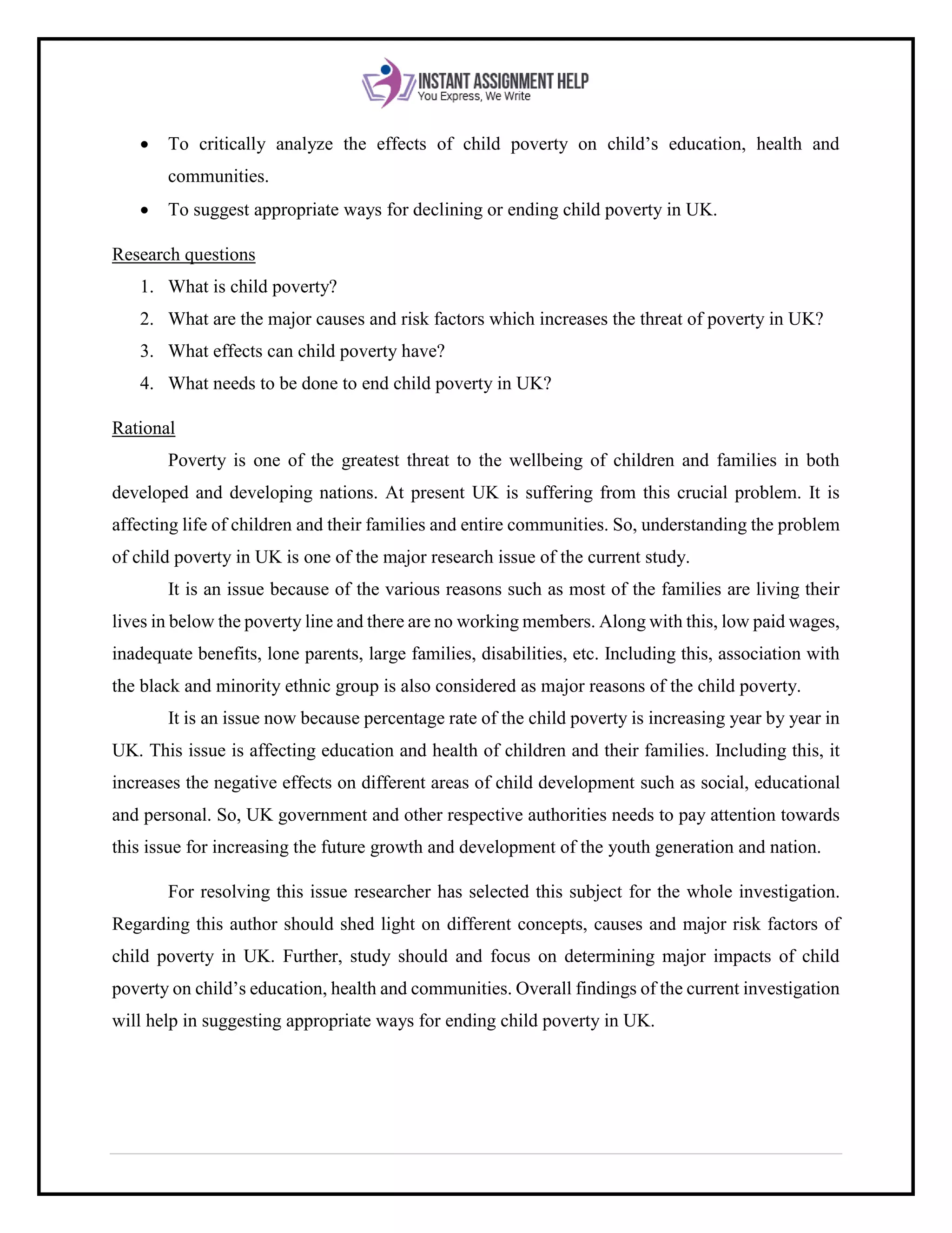 To identify the major causes and impacts of child poverty in united ...