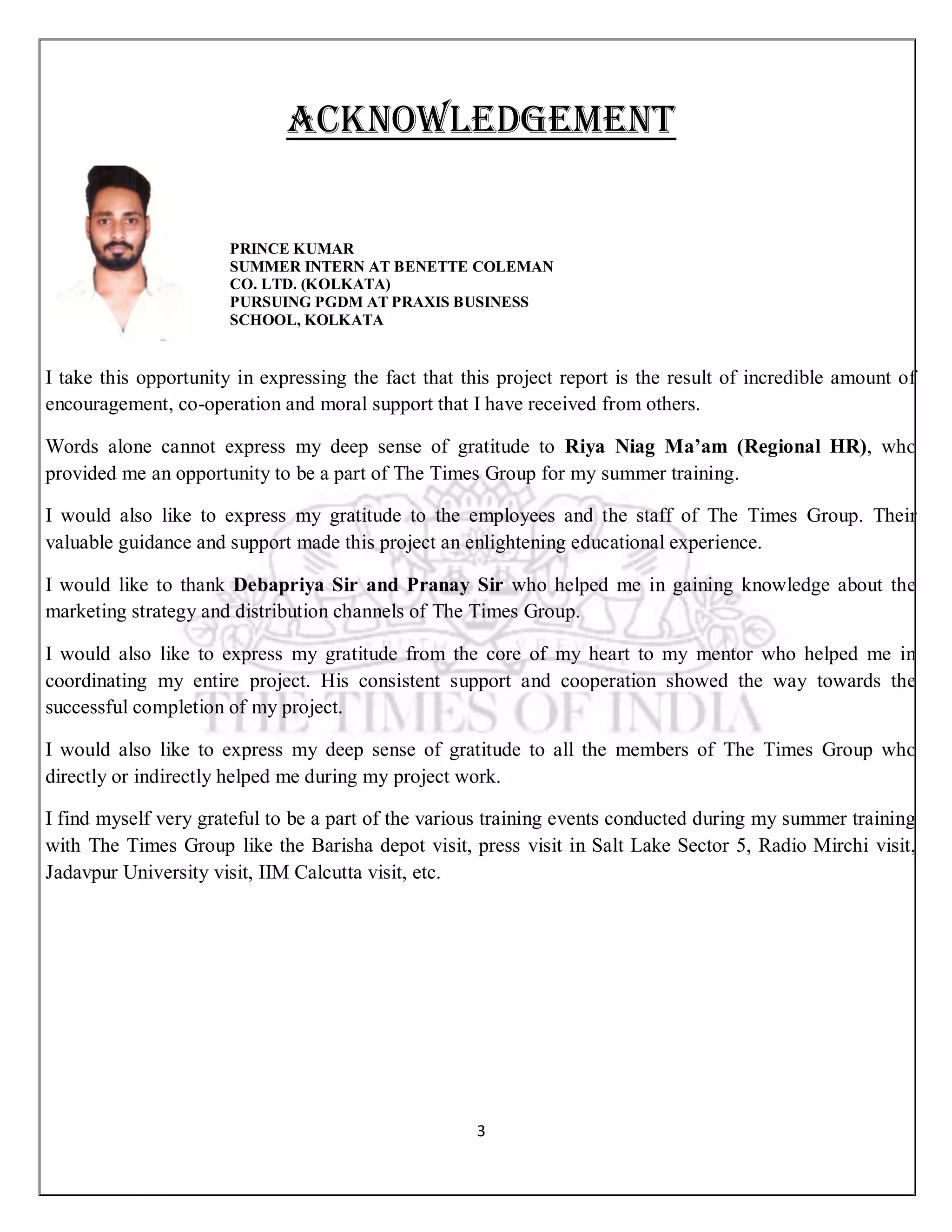 TIMES OF INDIA SUMMER INTERNSHIP DETAILED REPORT | PDF