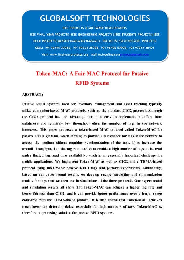 IEEE 2014 JAVA MOBILE COMPUTING PROJECTS Token mac a fair mac protocol for passive rfid systems ...