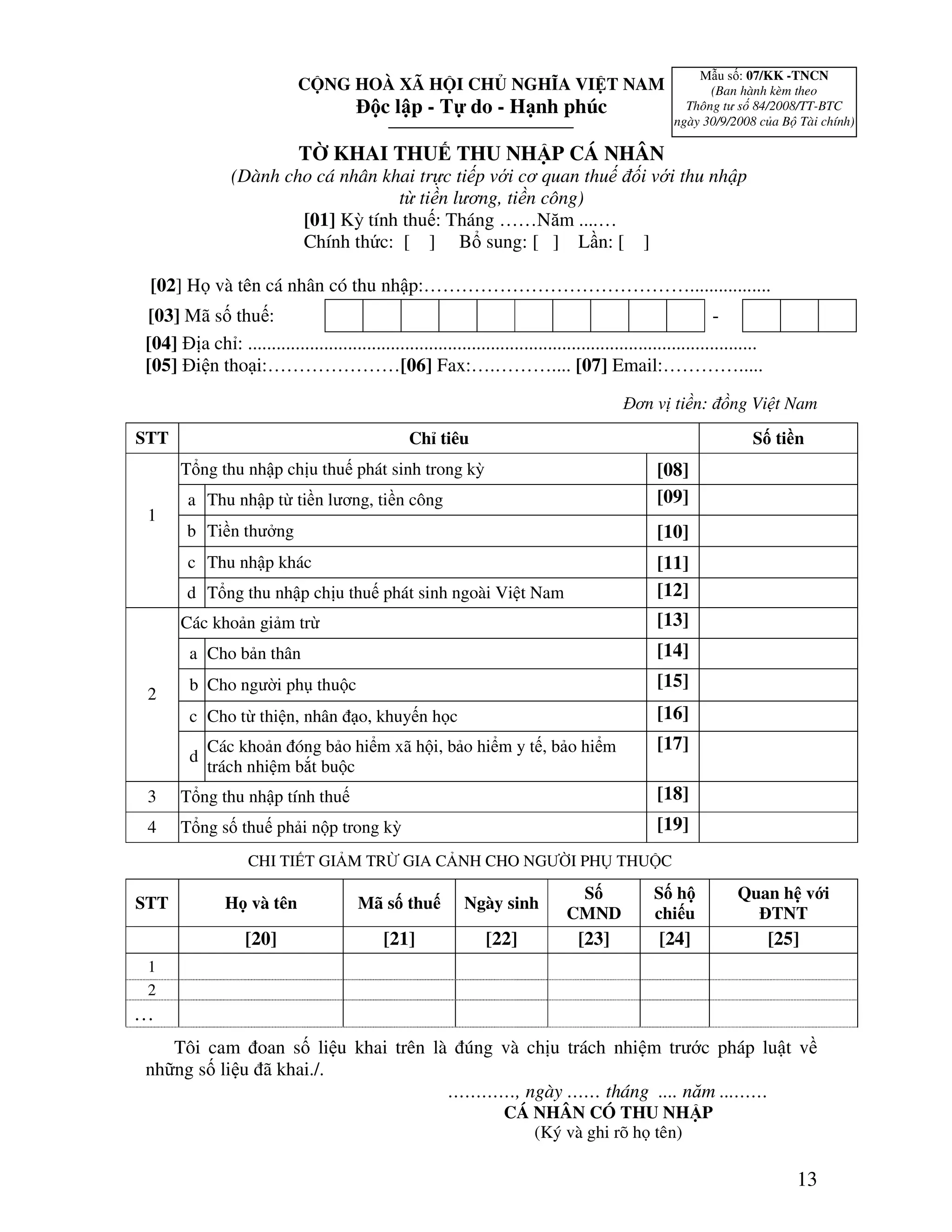 To khai thue tncn mau 07 kk-tncn theo tt 84_2008 | PDF