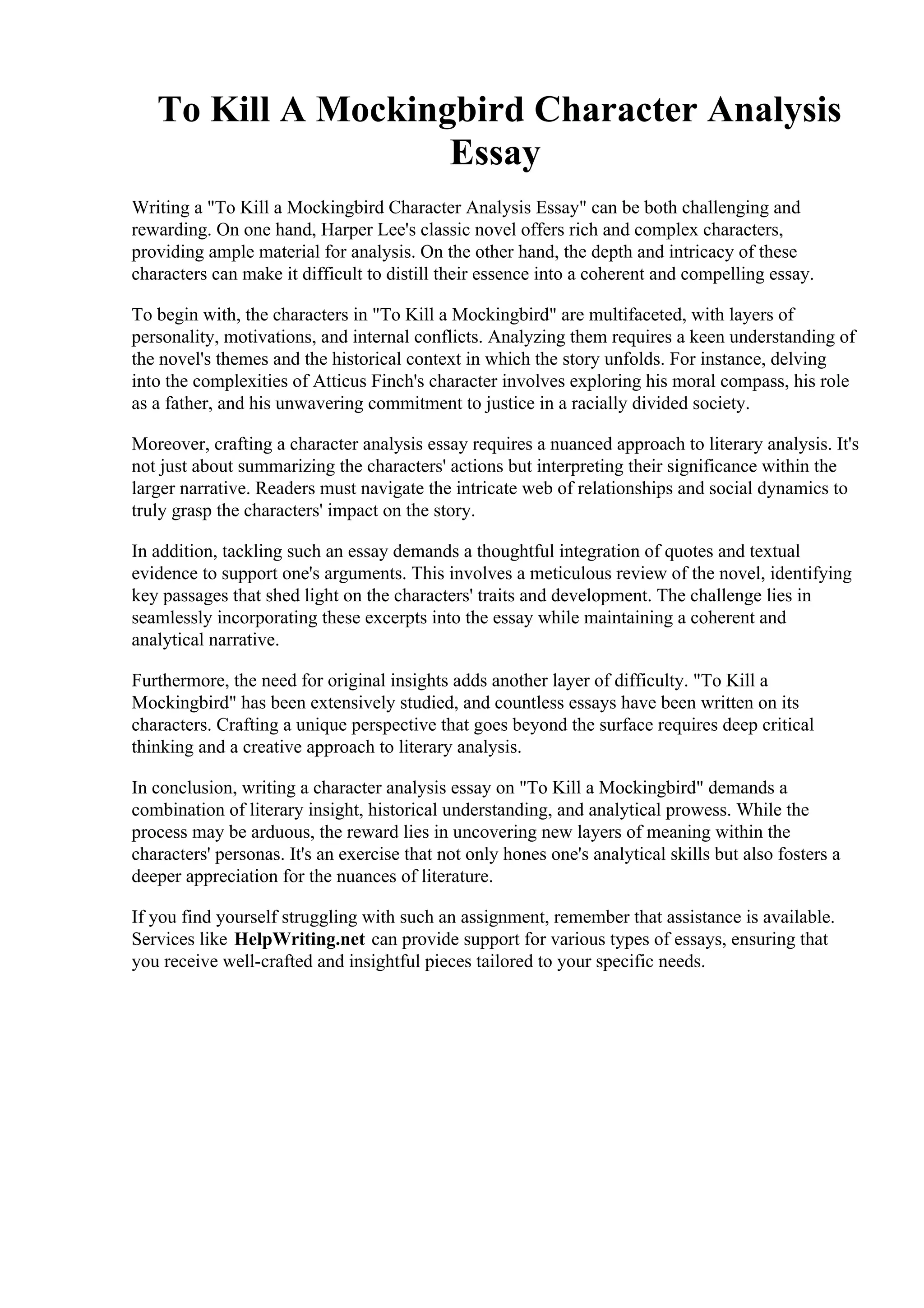 To Kill A Mockingbird Character Analysis Essay | PDF