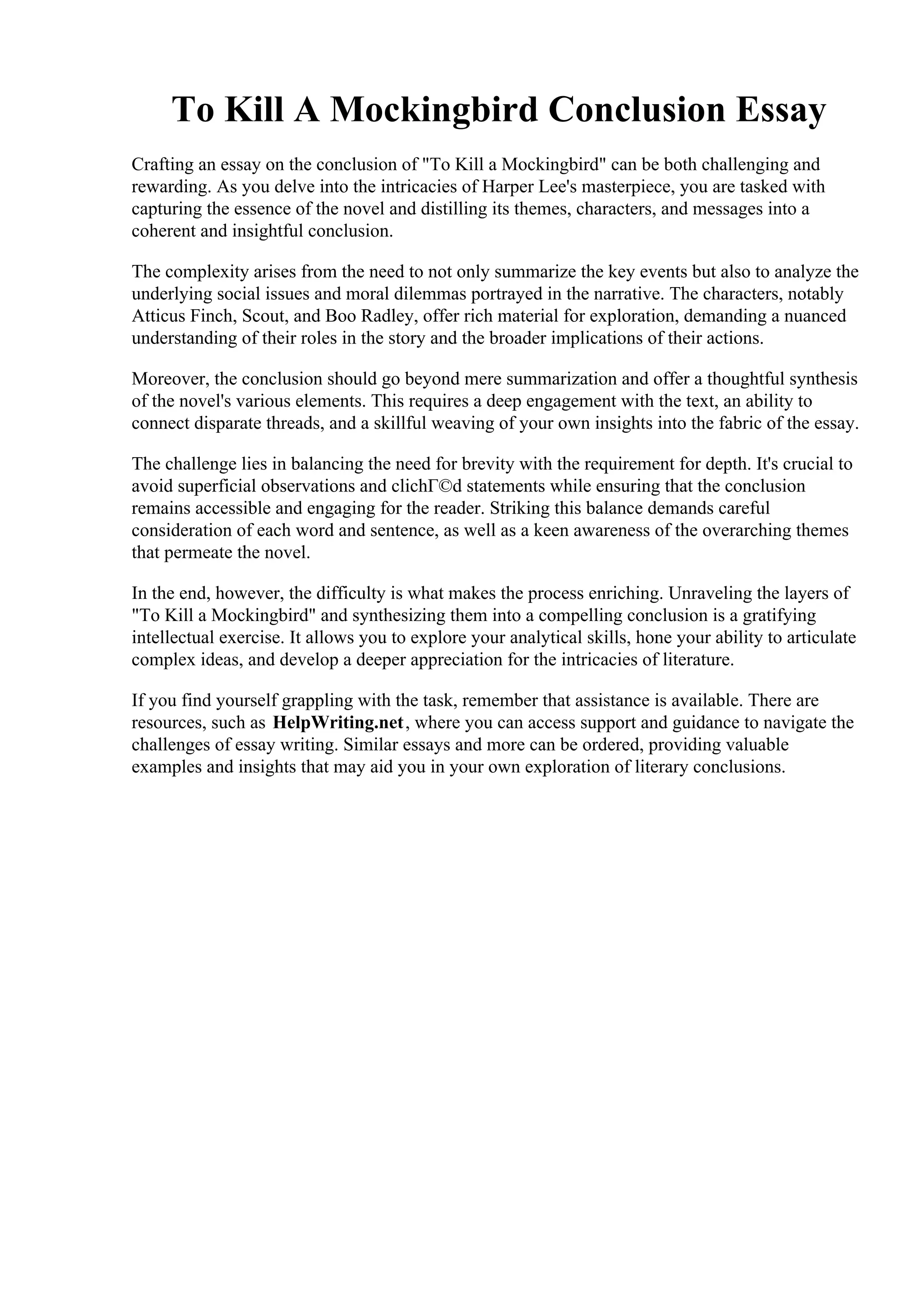 To Kill A Mockingbird Conclusion Essay. To Kill A Mockingbird Conclusion Essay Example ...