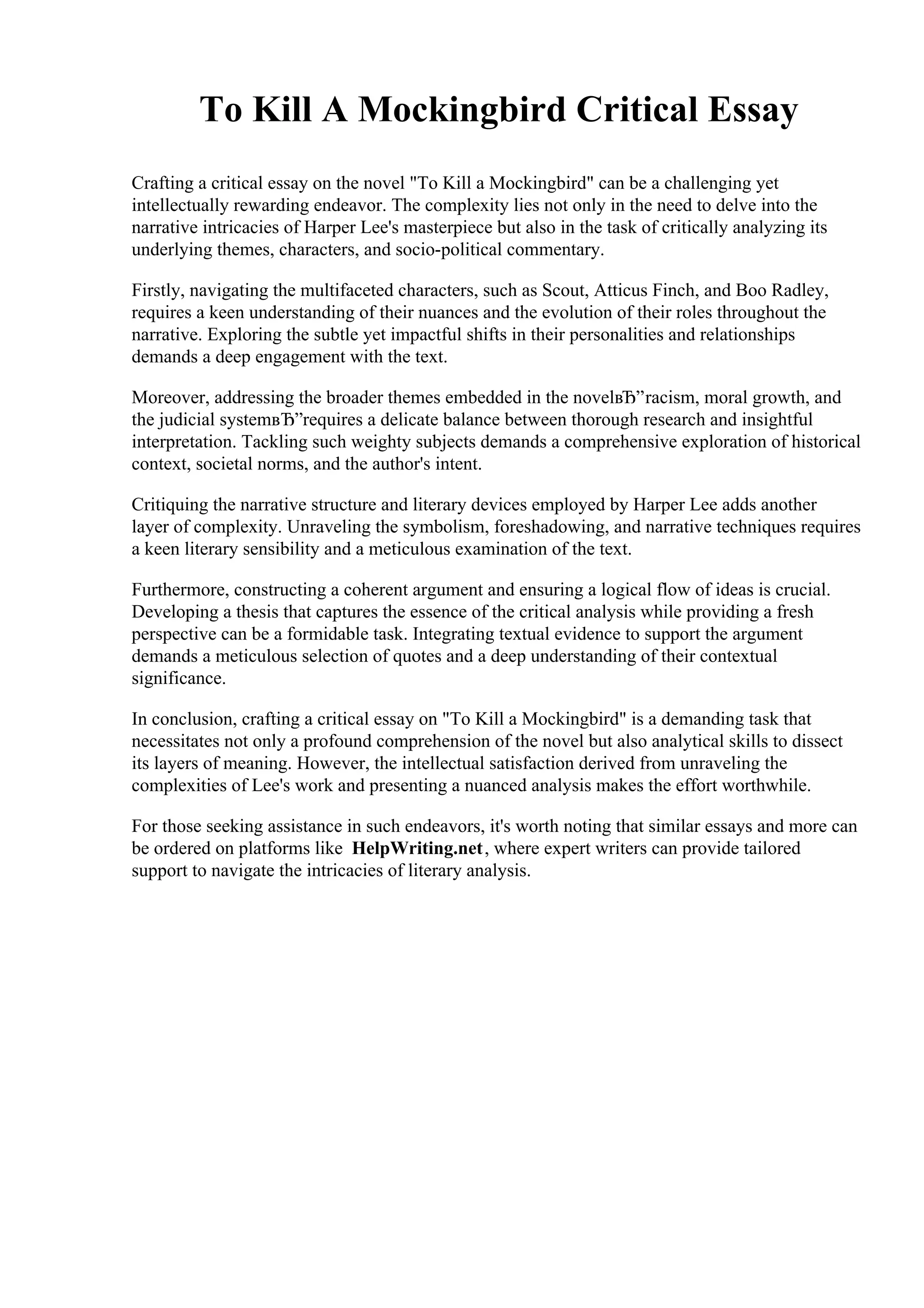 To Kill A Mockingbird Critical Essay | PDF