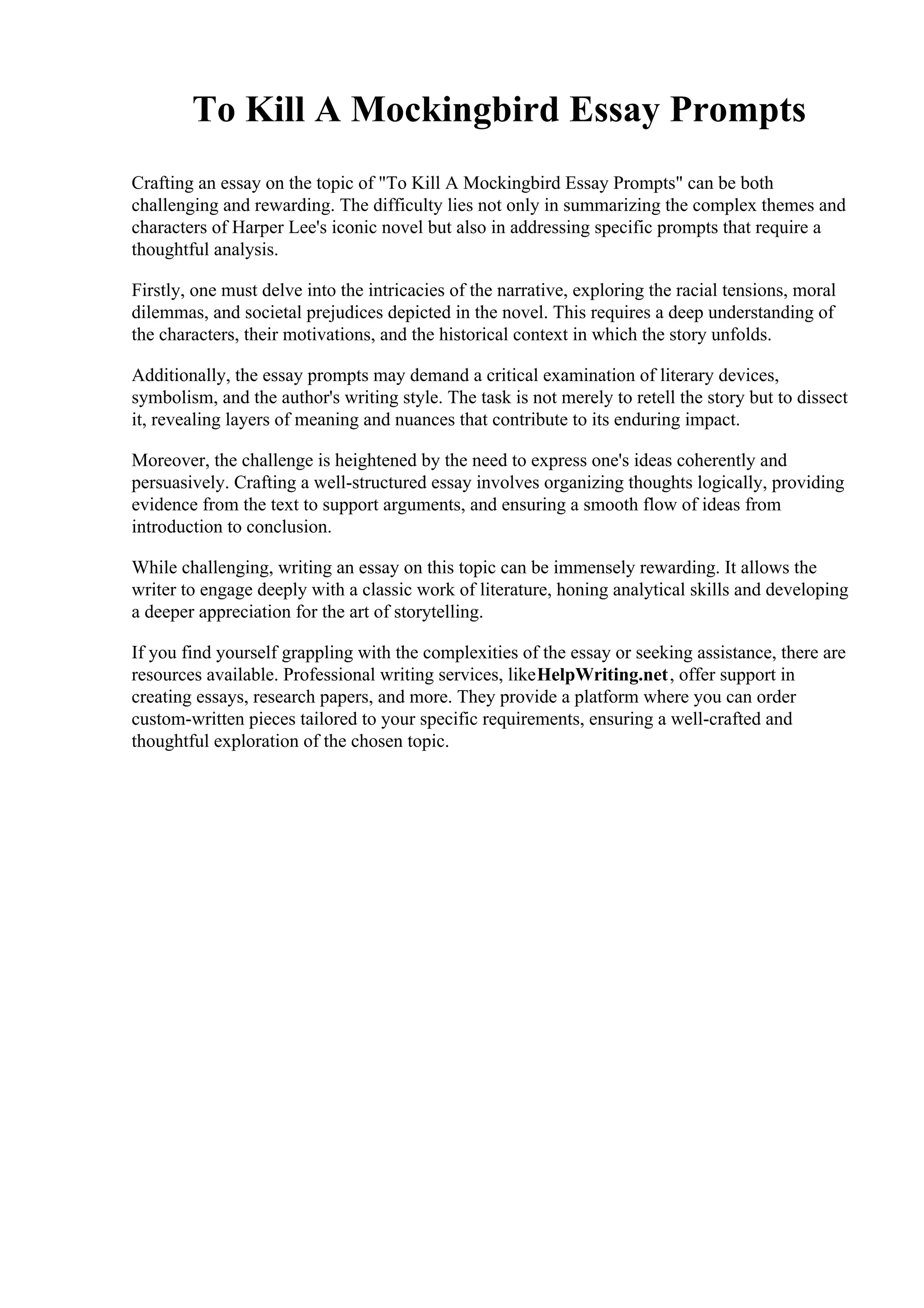 To Kill A Mockingbird Essay Prompts | PDF