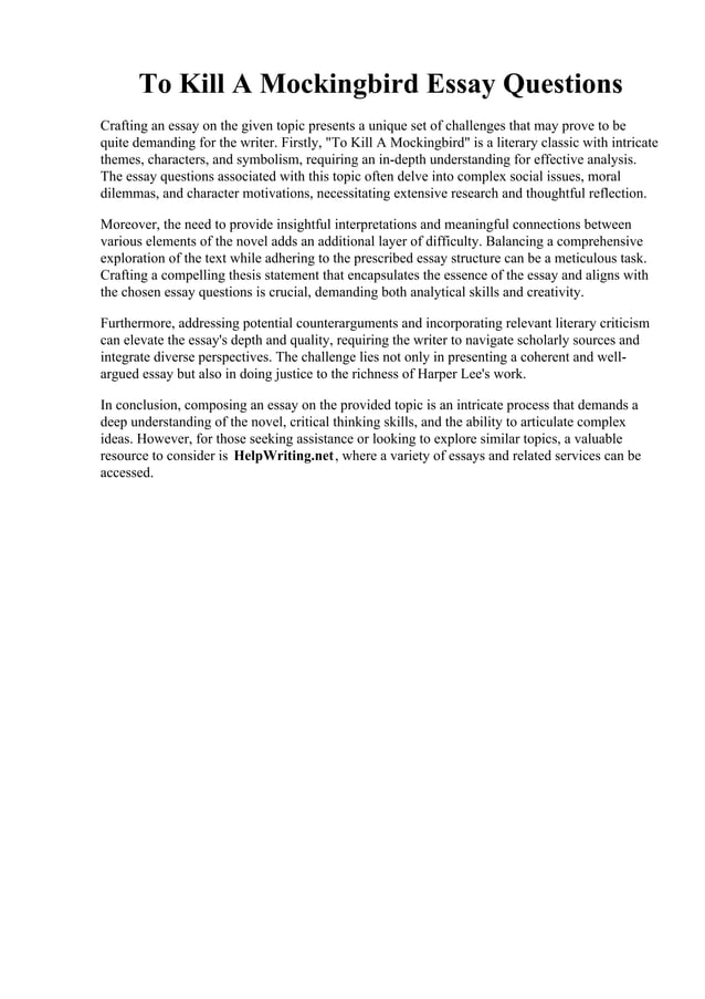To Kill A Mockingbird Essay Questions. To Kill a Mockingbird by Harper ...