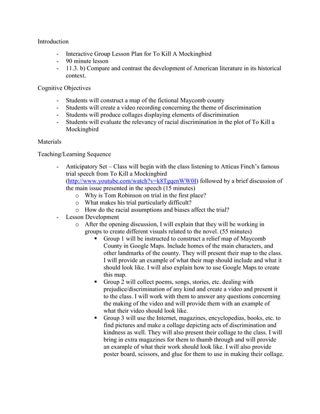 To Kill a Mockingbird Lesson Plan | DOCX | Educational Assessment ...