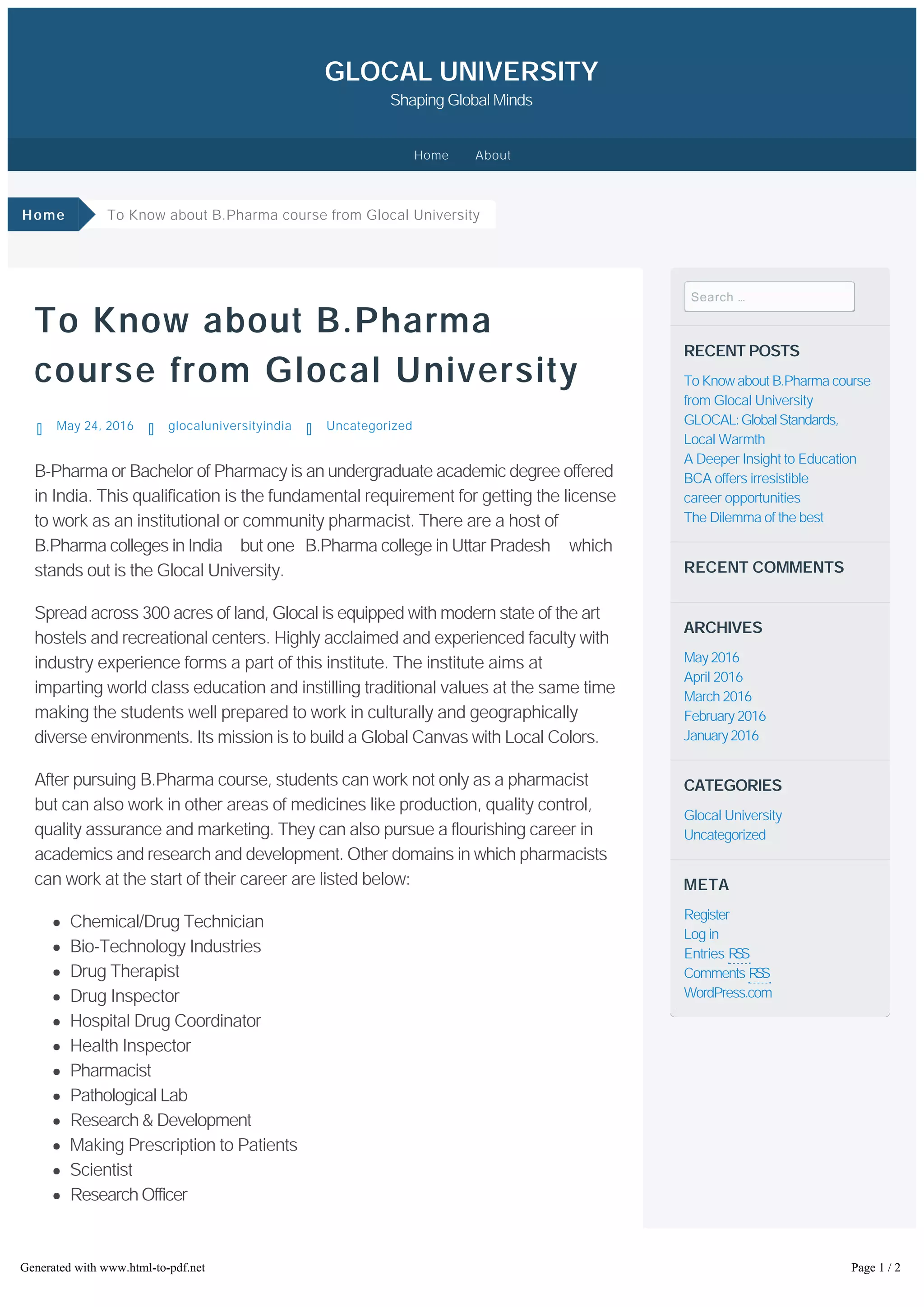 To know about b.pharma course from glocal university | PDF