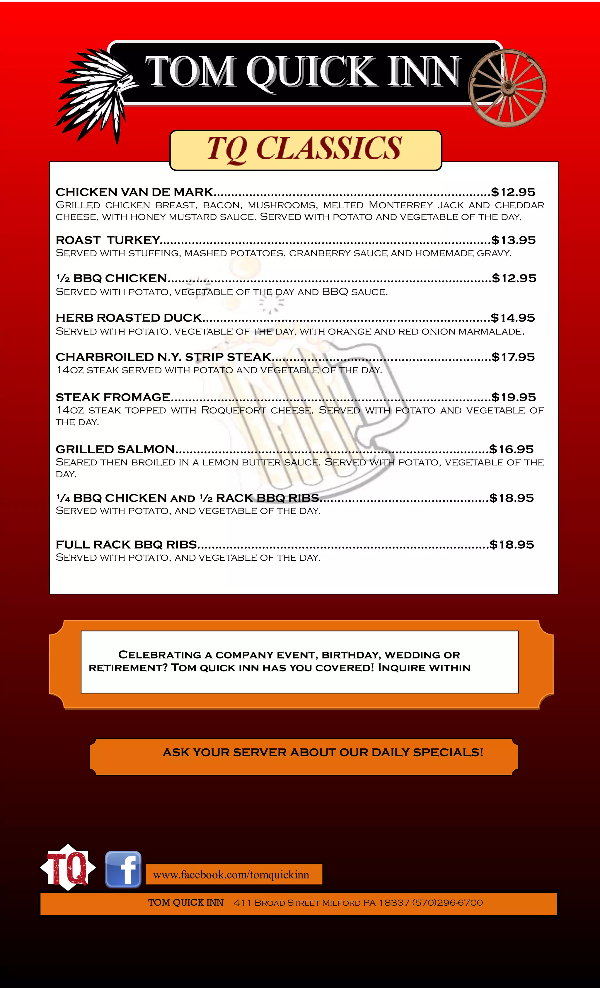 Tom Quick Inn Restaurant Menu Milford,PA | PDF