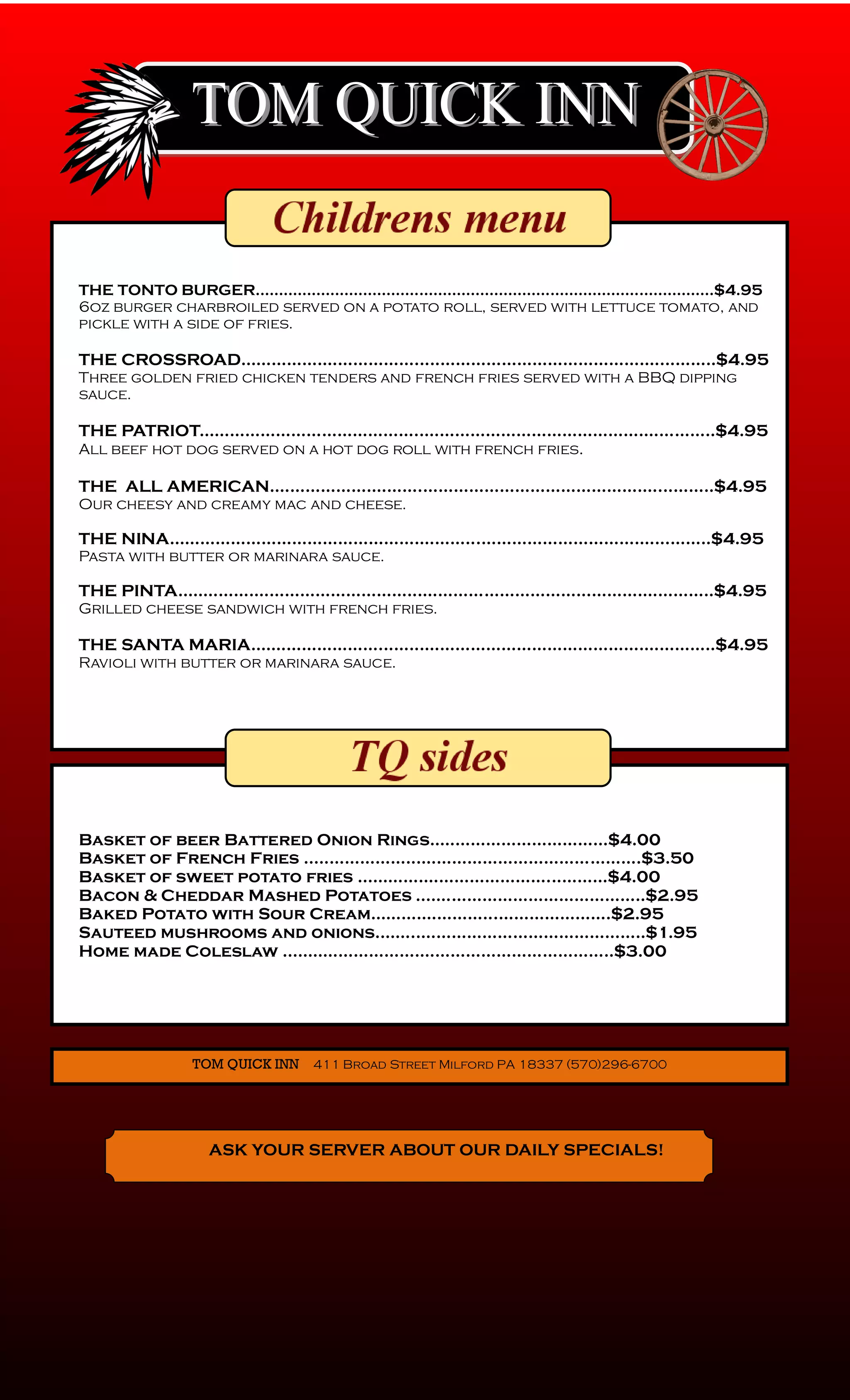 Tom Quick Inn Restaurant Menu Milford,PA | PDF