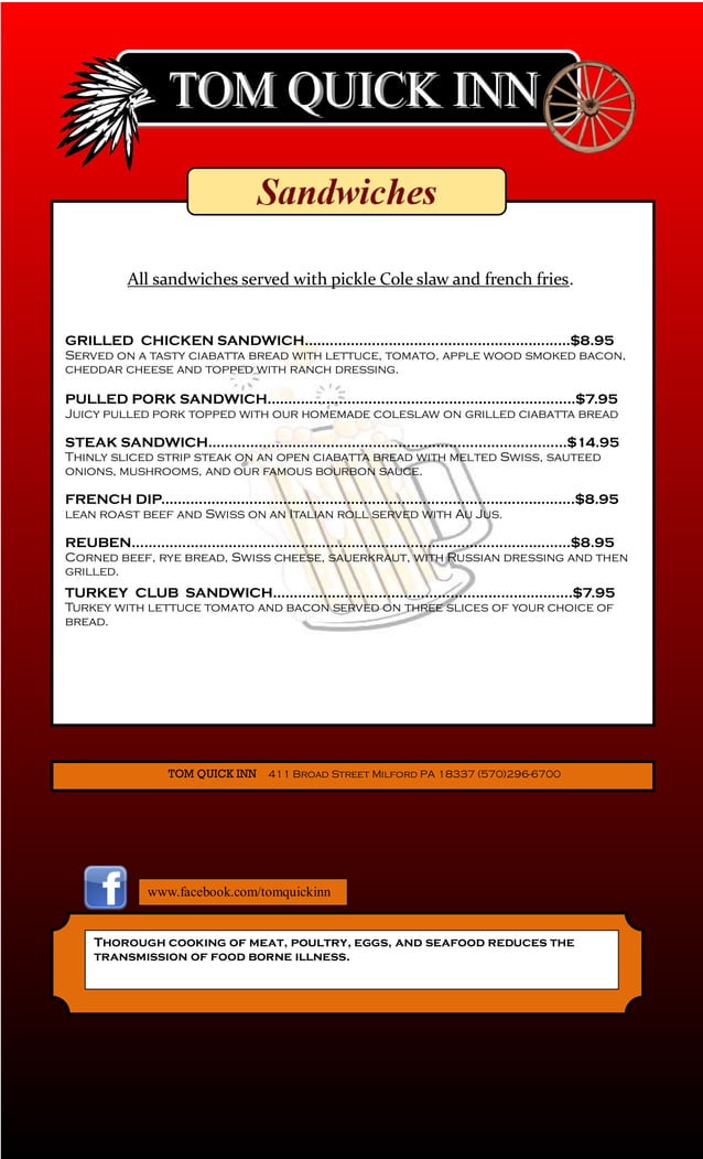 Tom Quick Inn Restaurant Menu Milford,PA | PDF | Barbecues and Grilling ...