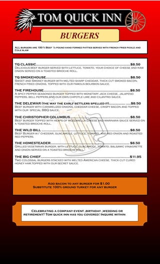 Tom Quick Inn Restaurant Menu Milford,PA | PDF | Barbecues and Grilling ...