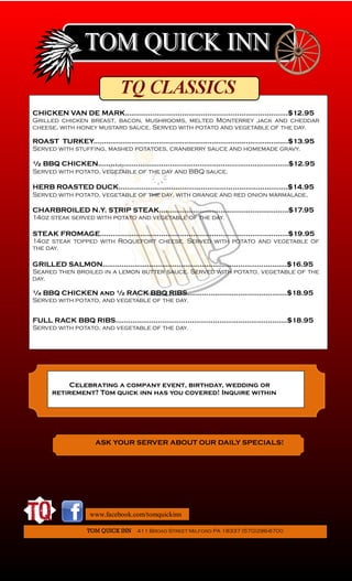Tom Quick Inn Restaurant Menu Milford,PA | PDF