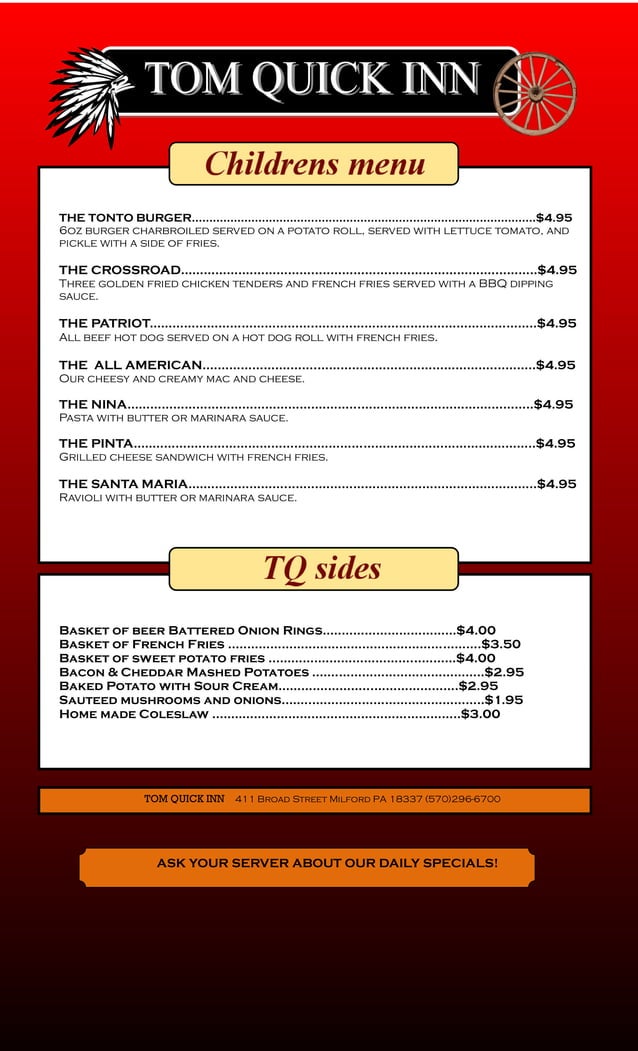 Tom Quick Inn Restaurant Menu Milford,PA | PDF | Barbecues and Grilling ...