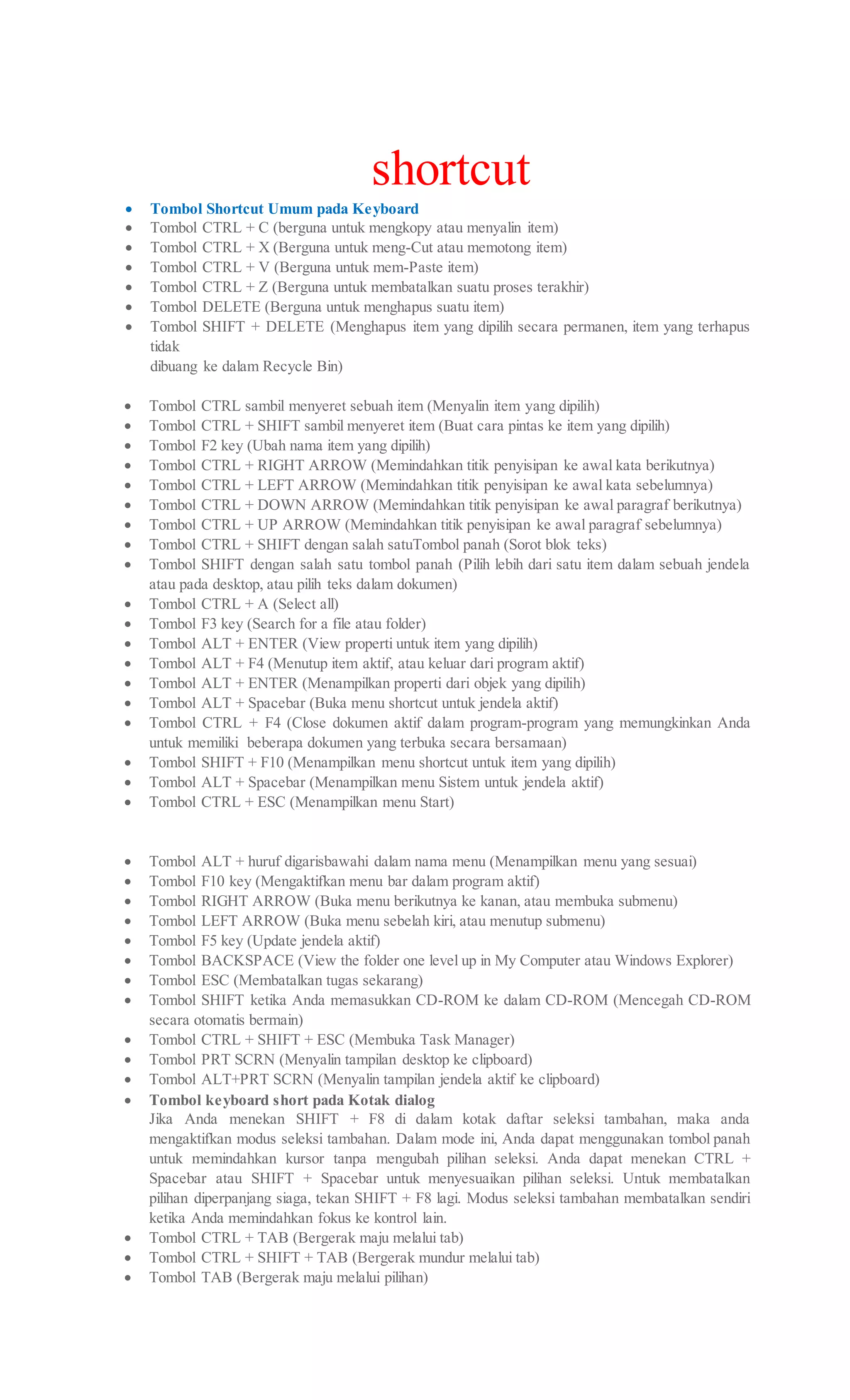 Tombol shortcut umum pada keyboard | PDF