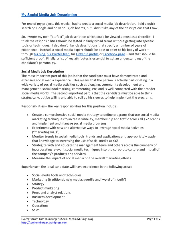Social Media Job Description | PDF