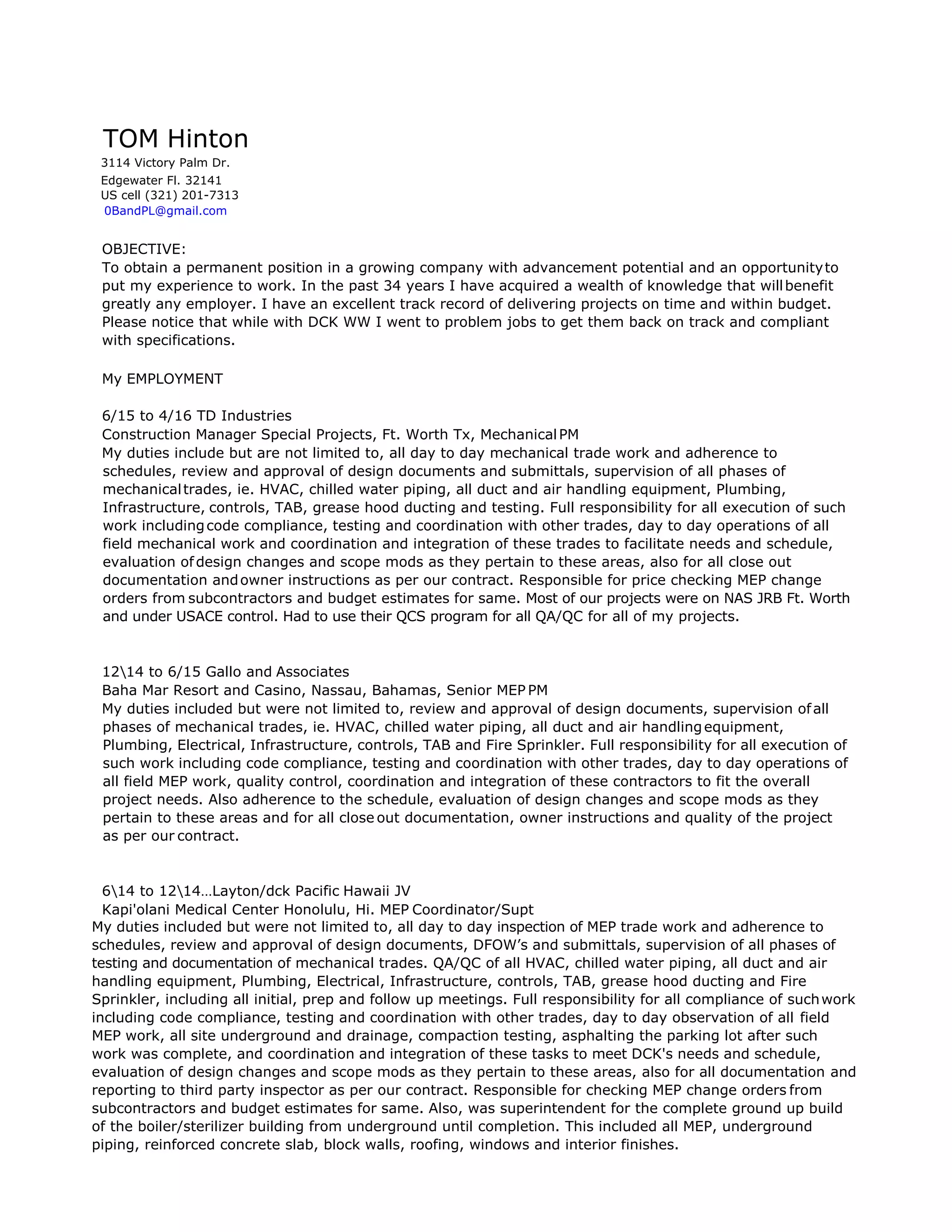 Tom resume' updated june 2016 pm | PDF