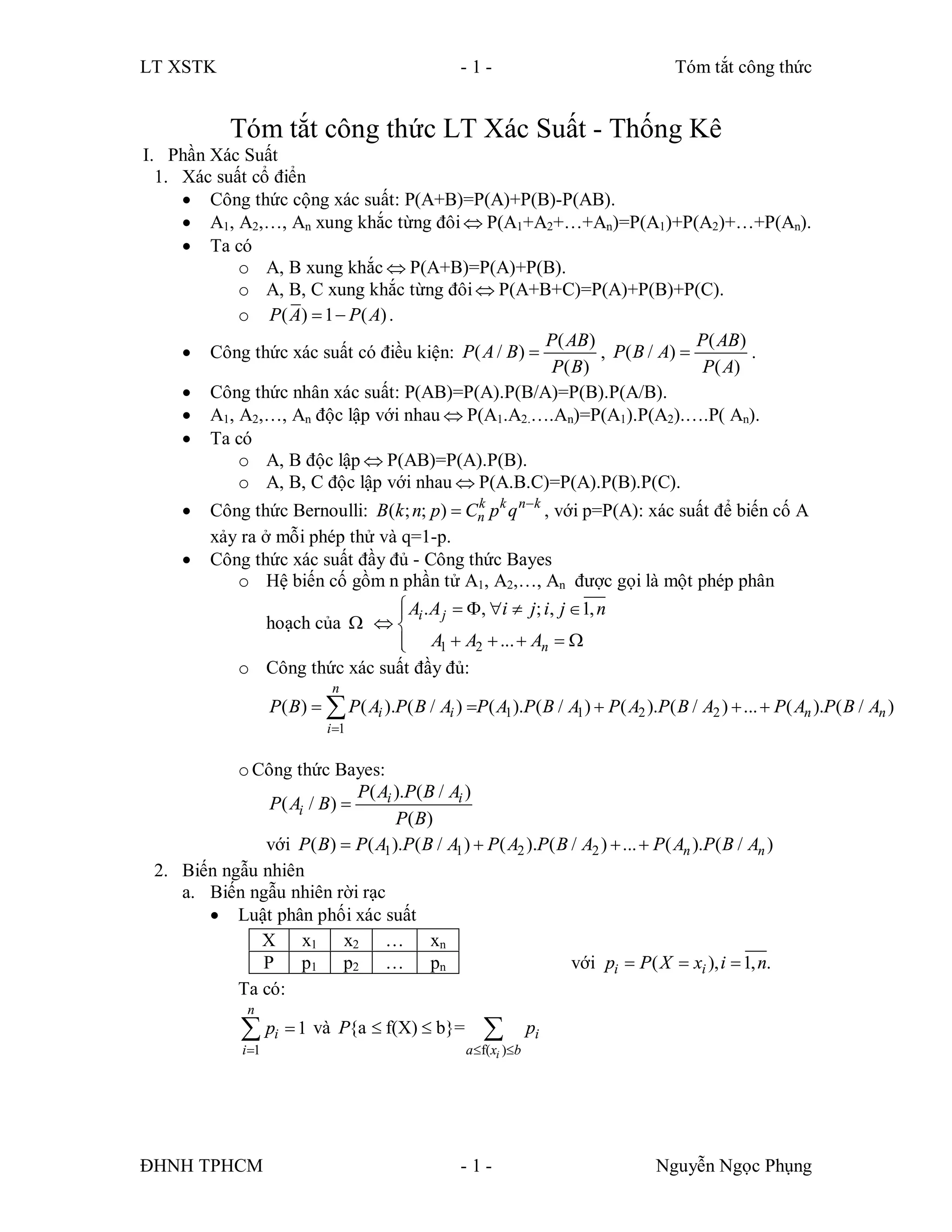 Tom tat cong thuc xstk | PDF