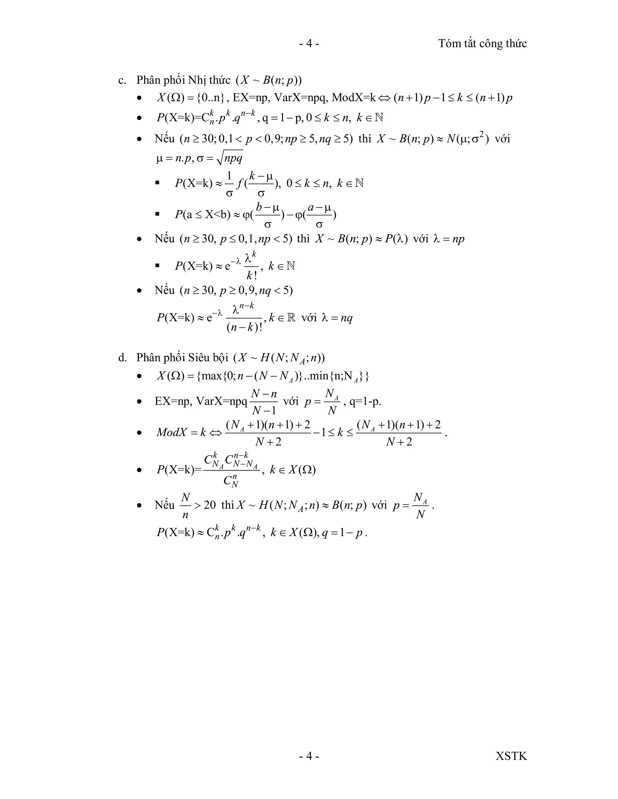 Tom tat cong thuc xstk | PDF