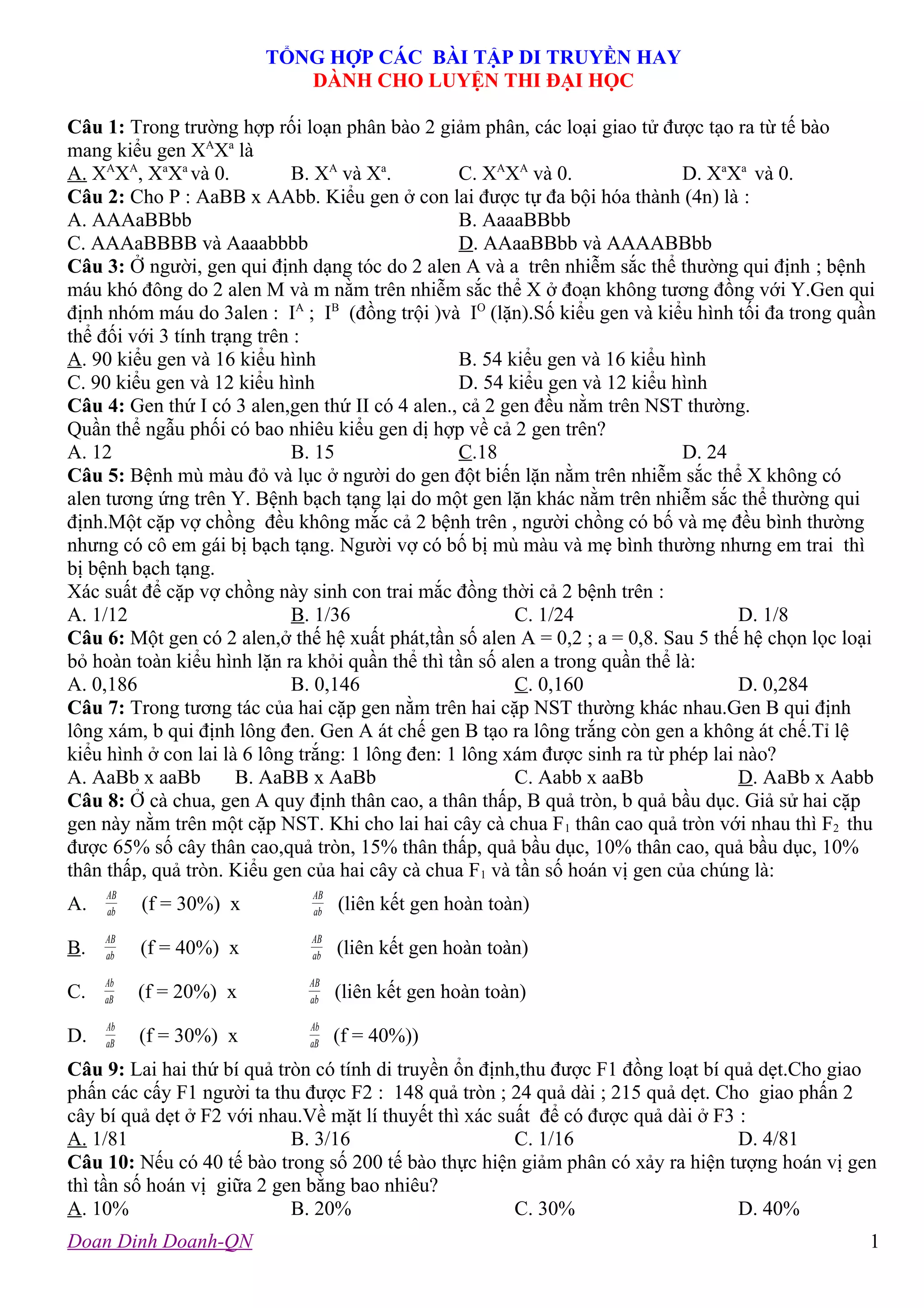 Tong hop cac bai tap di truyen luyen thi dai hoc | PDF