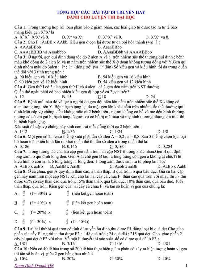 Tong hop cac bai tap di truyen luyen thi dai hoc | PDF