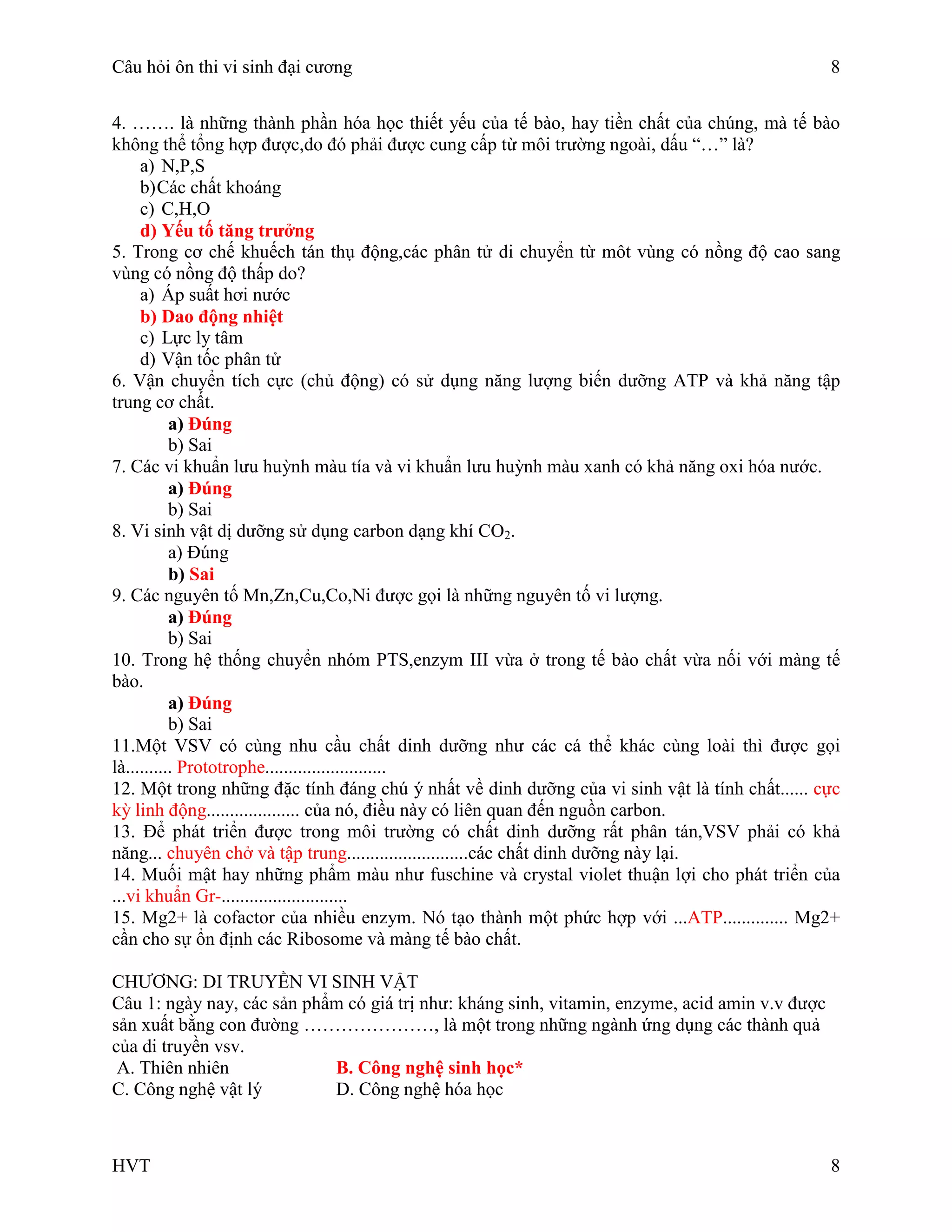 Tổng hợp các câu trắc nghiệm vi sinh đại cương | PDF