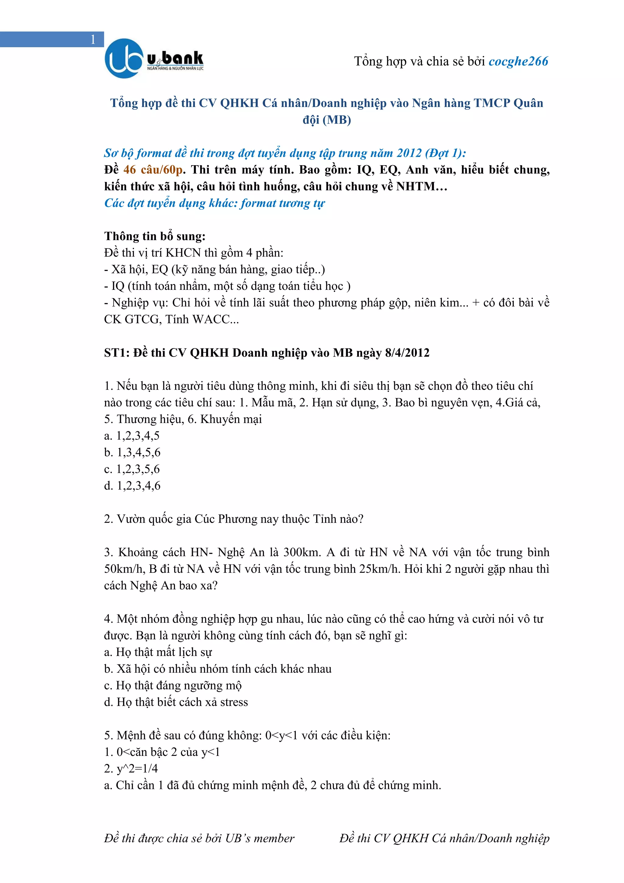 Tong hop de thi MBBank | PDF