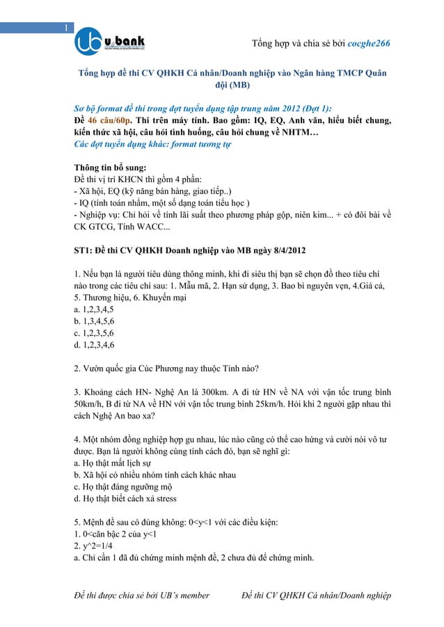 Tong hop de thi MBBank | PDF