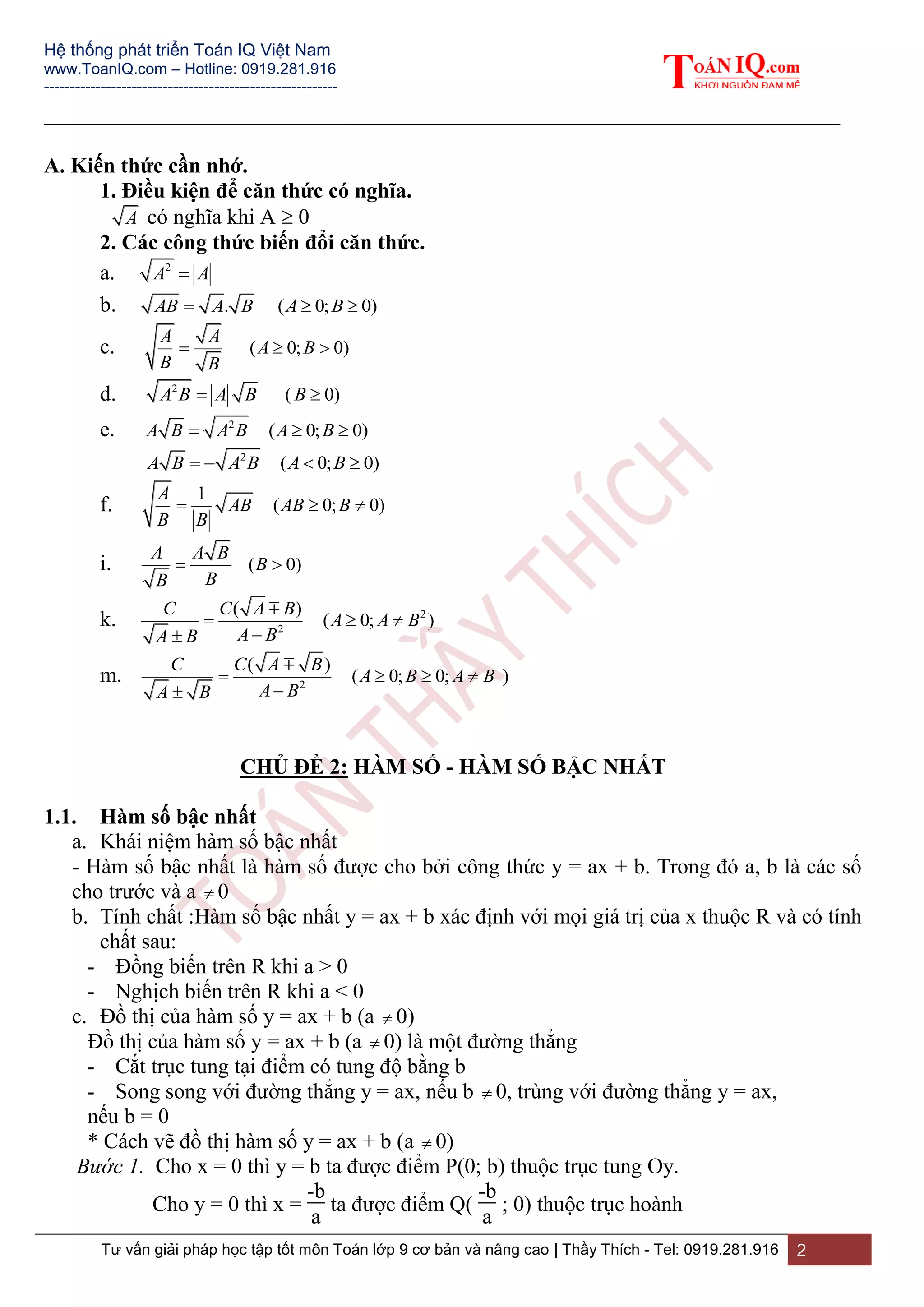 Toán lớp 9 - Tổng hợp kiến thức lý thuyết Đại số 9 và Hình học 9 | PDF