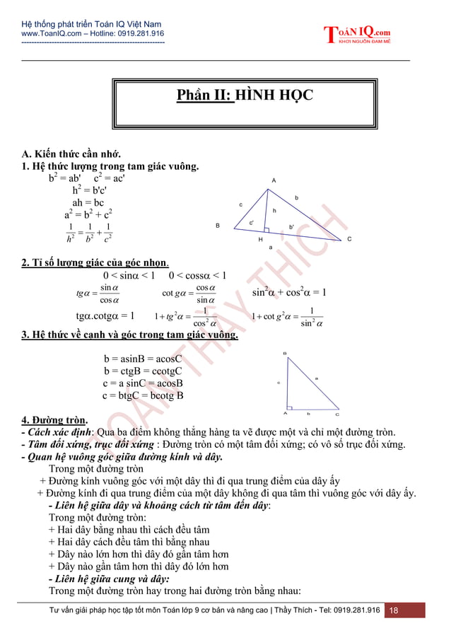 Toán lớp 9 - Tổng hợp kiến thức lý thuyết Đại số 9 và Hình học 9 | PDF