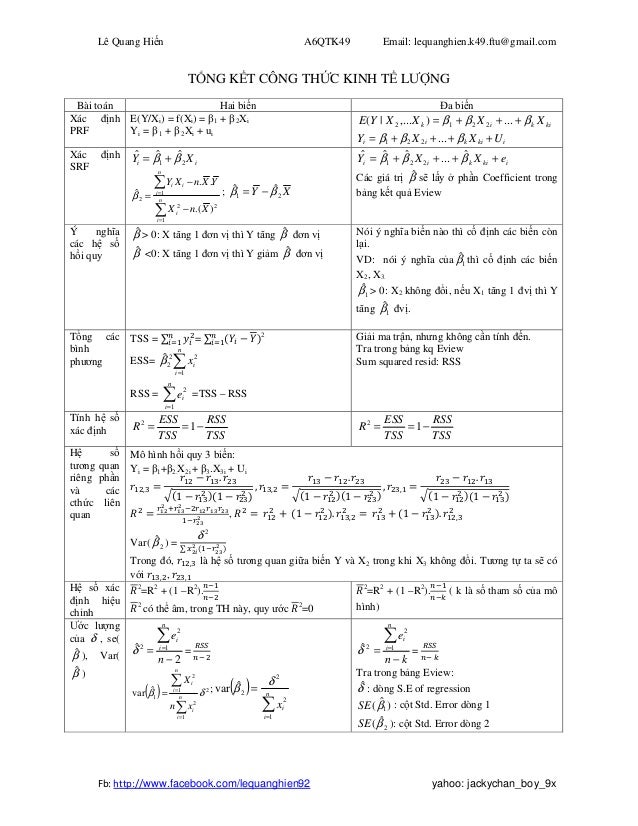 Tổng kết công thức kinh tế lượng ( kinh te luong)
