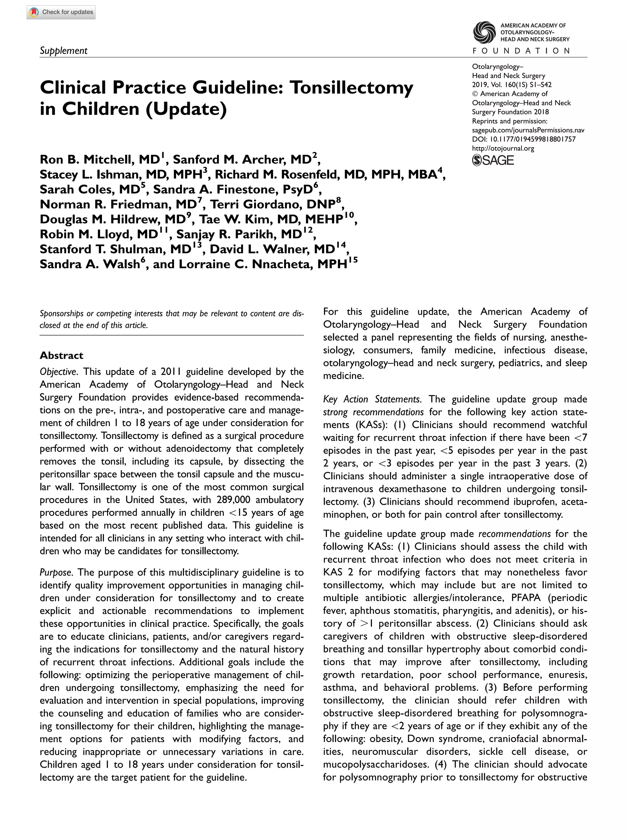 Tonsillectomy in children 2019 AAO-HNS | PDF