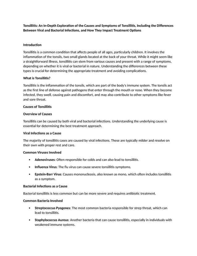 Tonsillitis Causes Symptoms And Treatment Viral Vs Bacterial Infections Docx