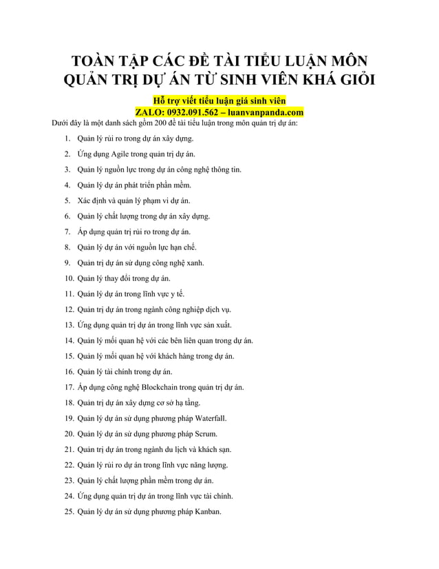Toàn Tập Các Đề Tài Tiểu Luận Môn Quản Trị Dự Án Từ Sinh Viên Khá Giỏi | DOCX