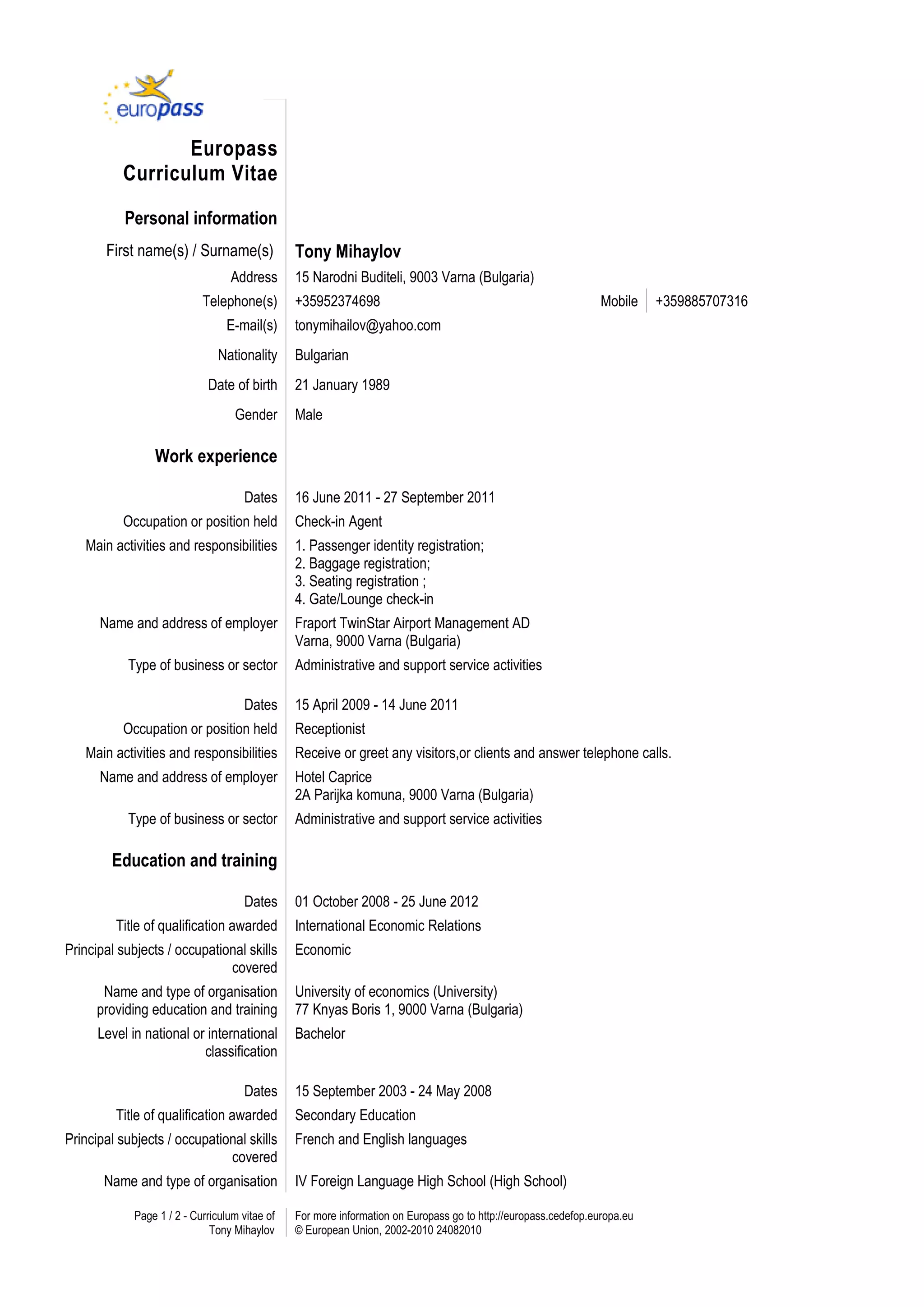 Tony cv en | PDF | Secondary Education | Education