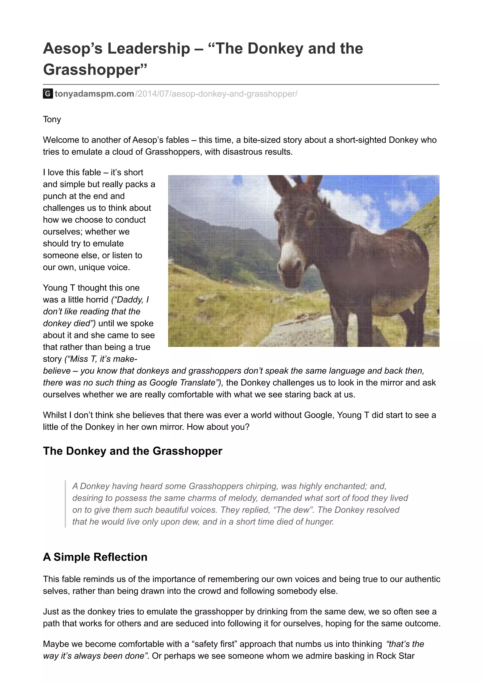 Aesop's Project Leadership - The Donkey and The Grasshopper | PDF