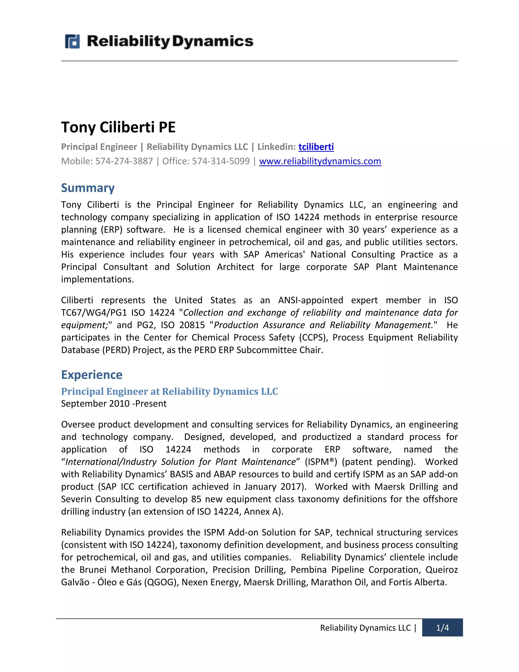 Reliability Dynamics LLC | Tony Ciliberti PE | PDF