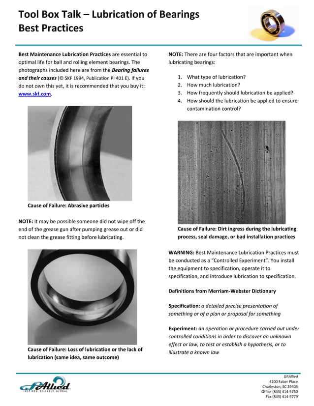 Tool Box Talk - Lubrication of Bearings | PDF