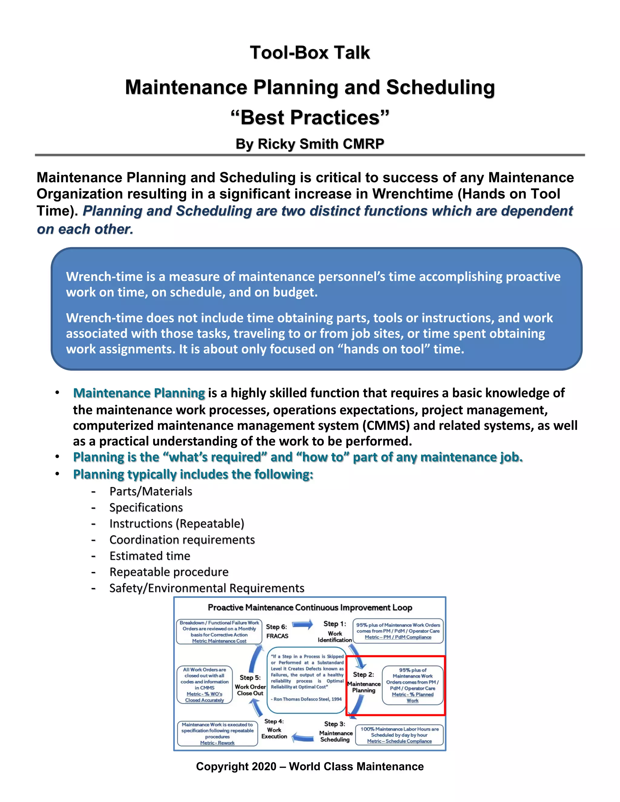 Tool Box Talk - Maintenance Planning and Scheduling | PDF