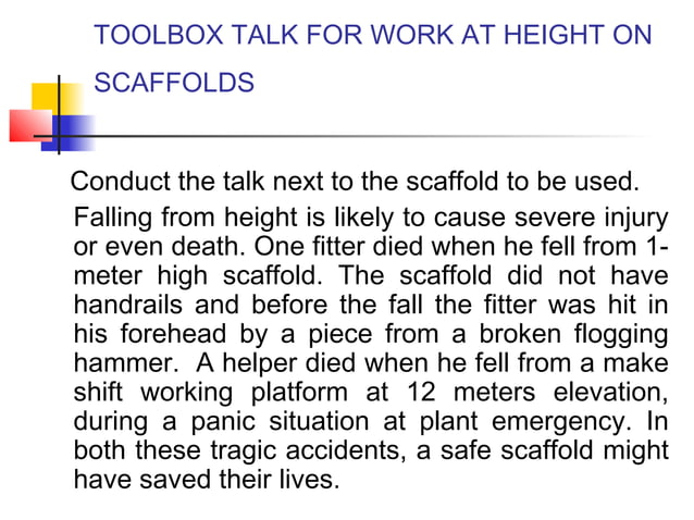 Tool box talk work at height on scaffold presentation | PPT