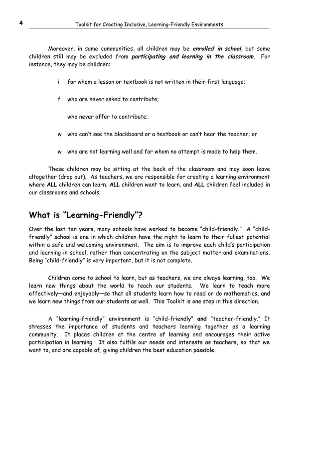 UNESCO toolkit 1:Learning-Friendly Environment(ILFE) | DOC | Special ...